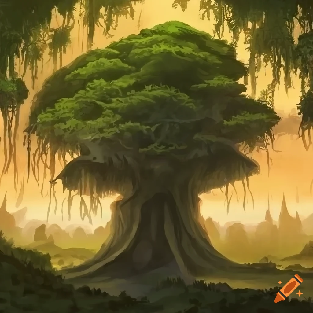 Epic fantasy landscape with a giant ancestral tree