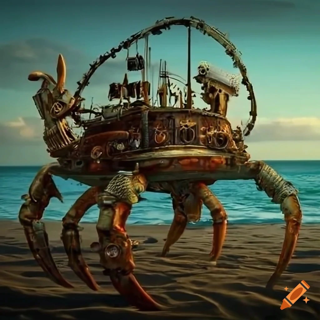 Surrealistic steampunk crab machines on the beach