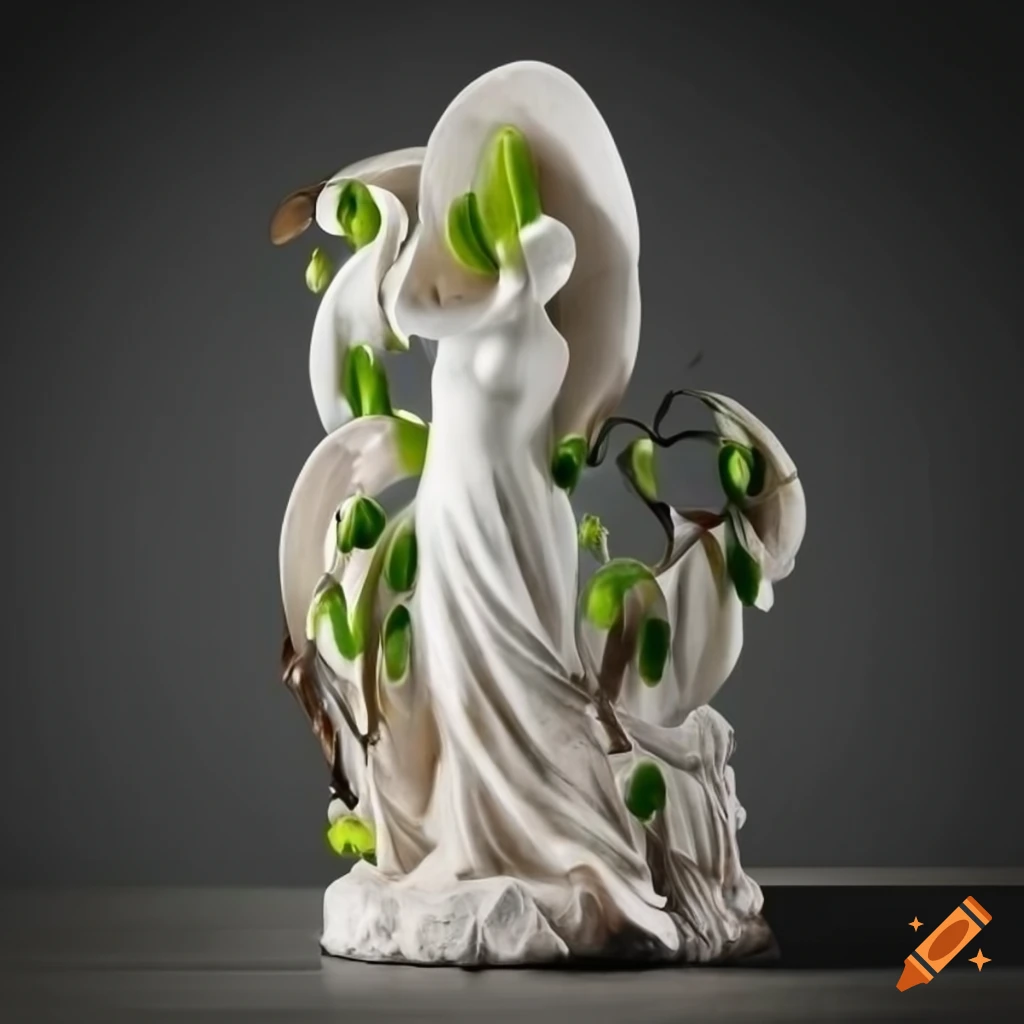 Marble statue with snowdrops and withered vines on Craiyon