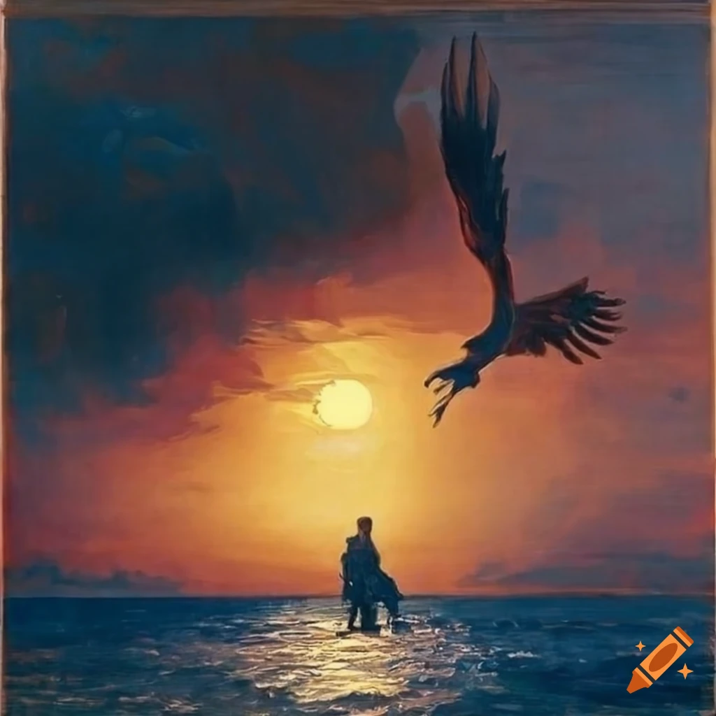 Surreal artwork of a man carried by an eagle on Craiyon