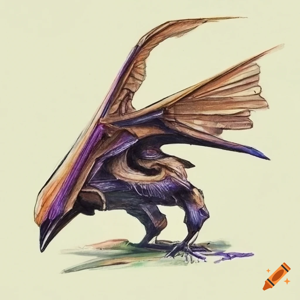 Color pencil sketch of an ornithopter art deco