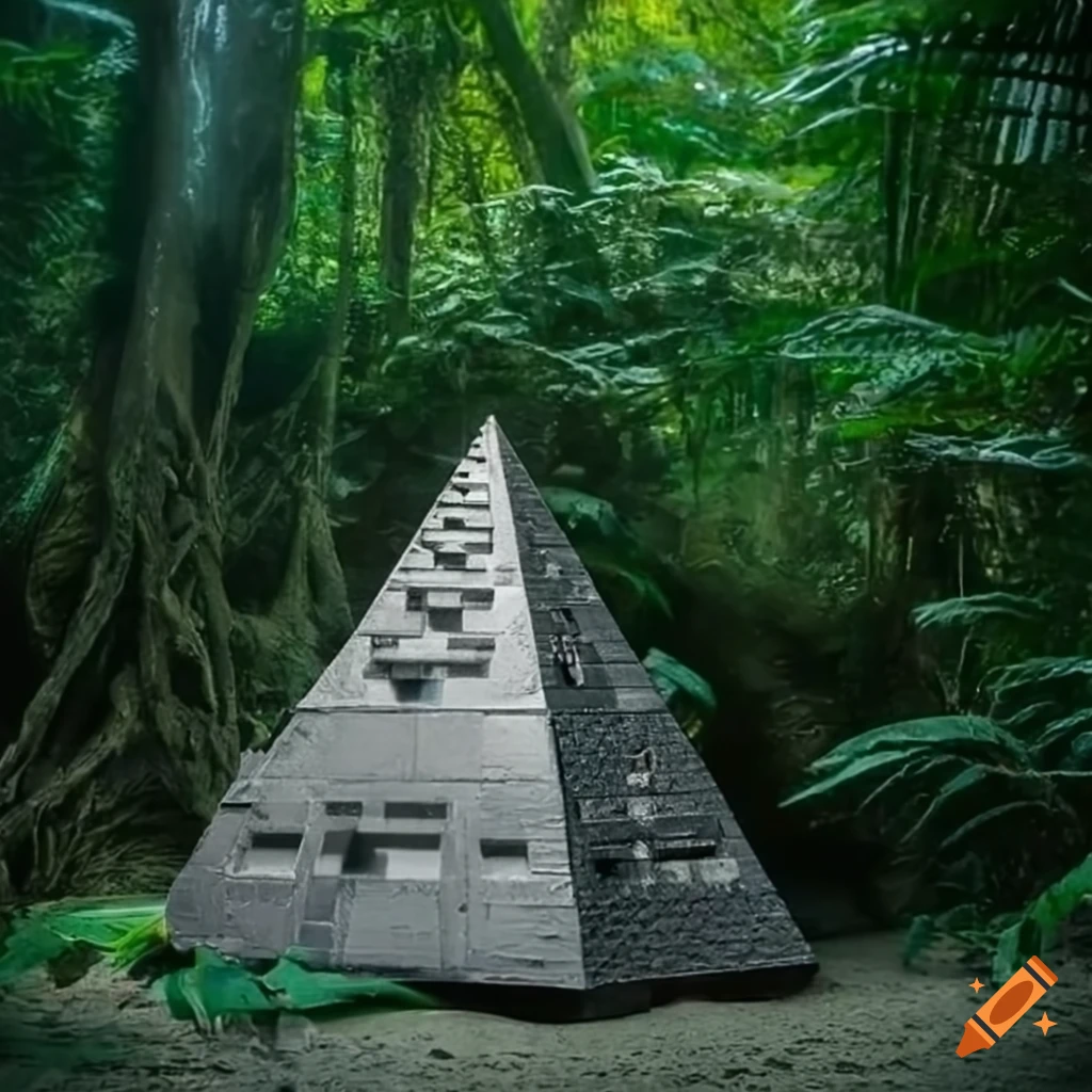 Exterior view of a futuristic metal step pyramid in the jungle on Craiyon