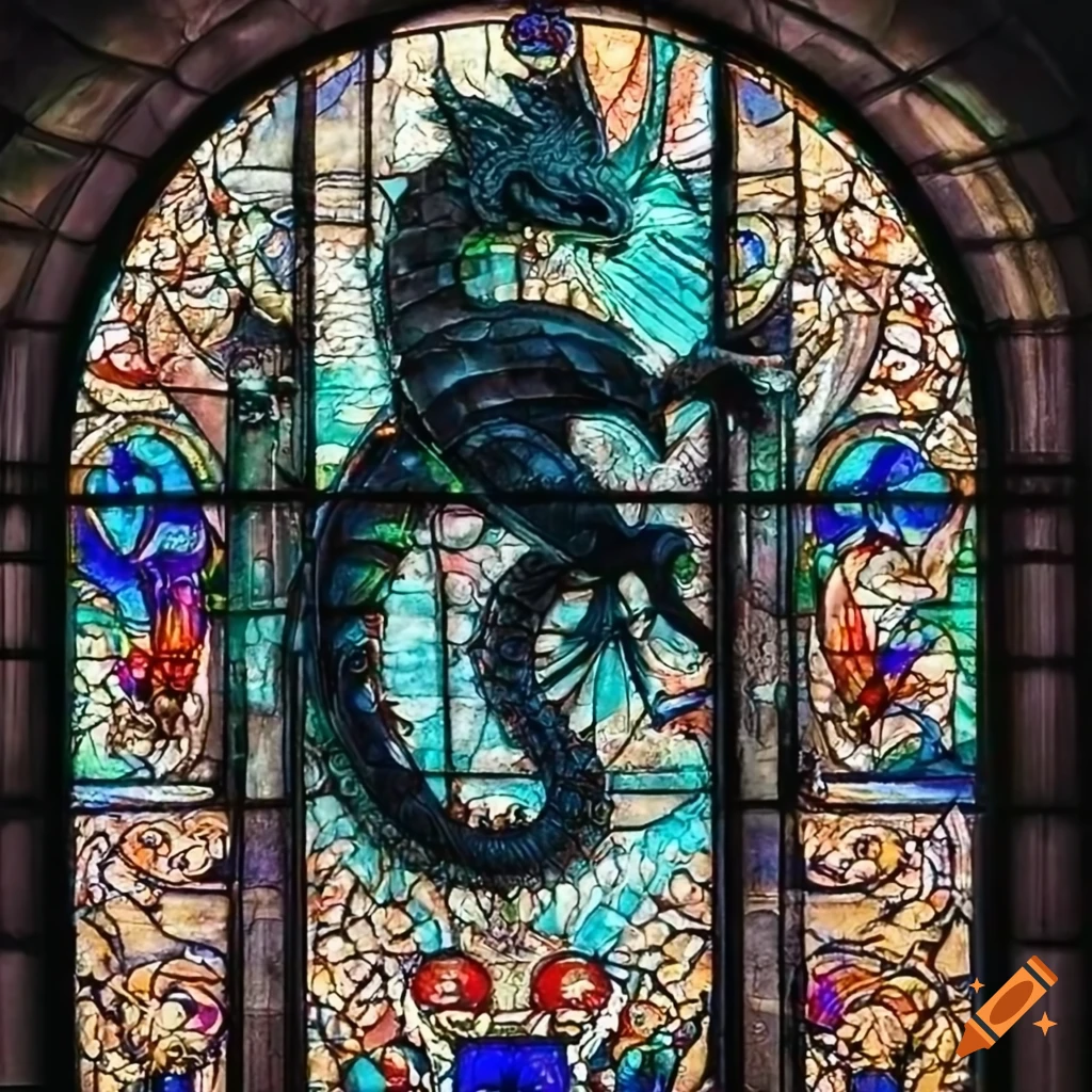Stained glass window with a black dragon on Craiyon