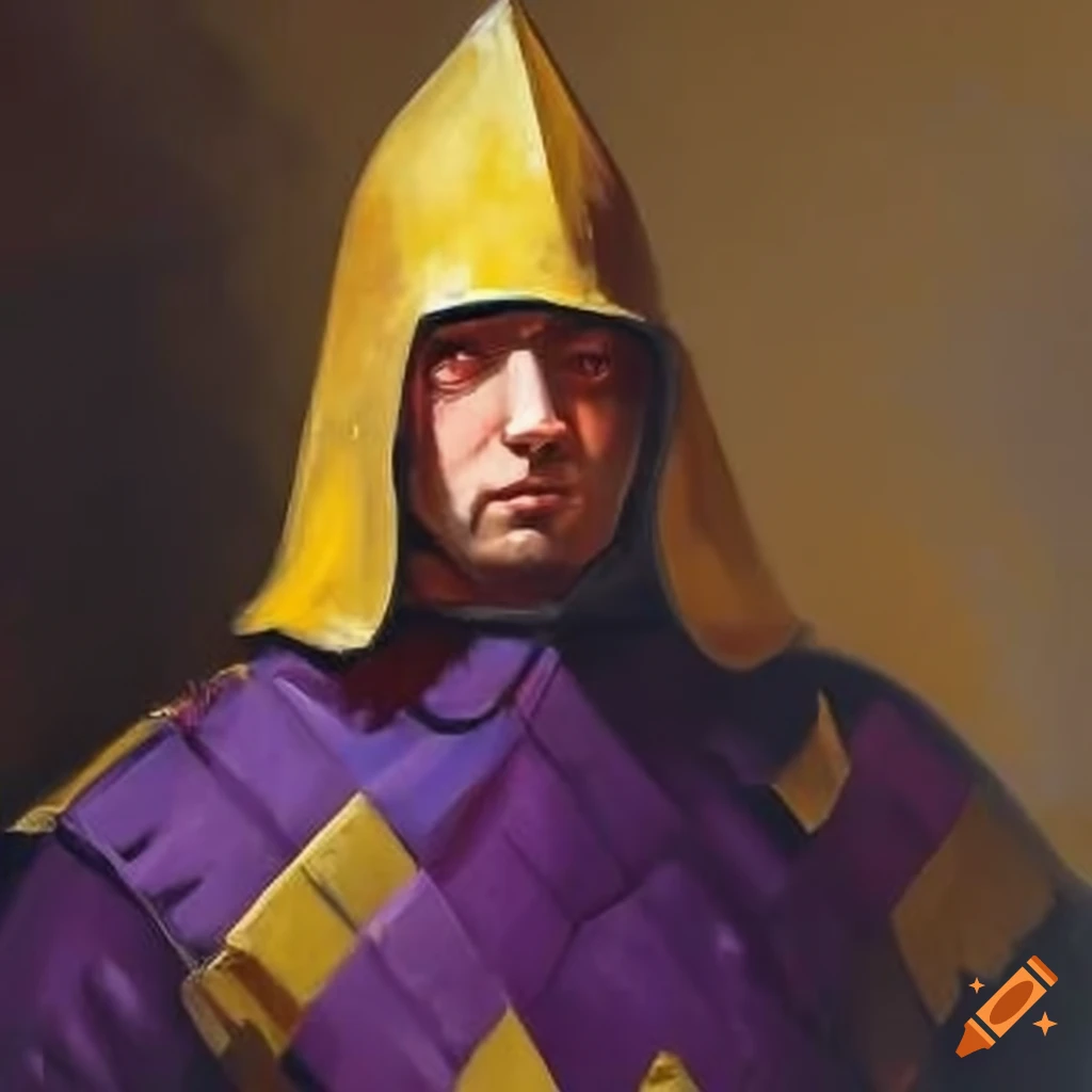 Image of a medieval soldier in a purple and yellow tabard