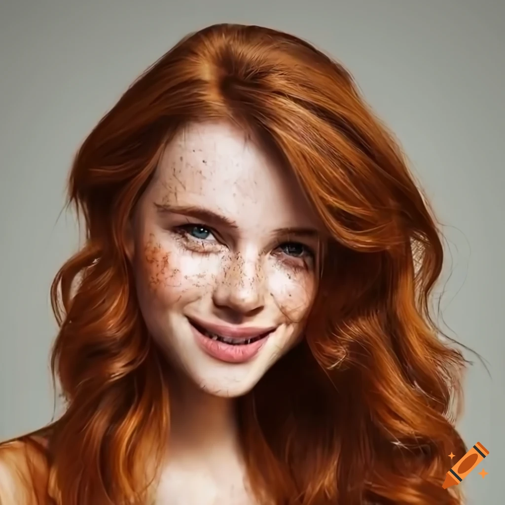 Portrait Of A Beautiful Young Woman With Freckles And Wavy Auburn Hair