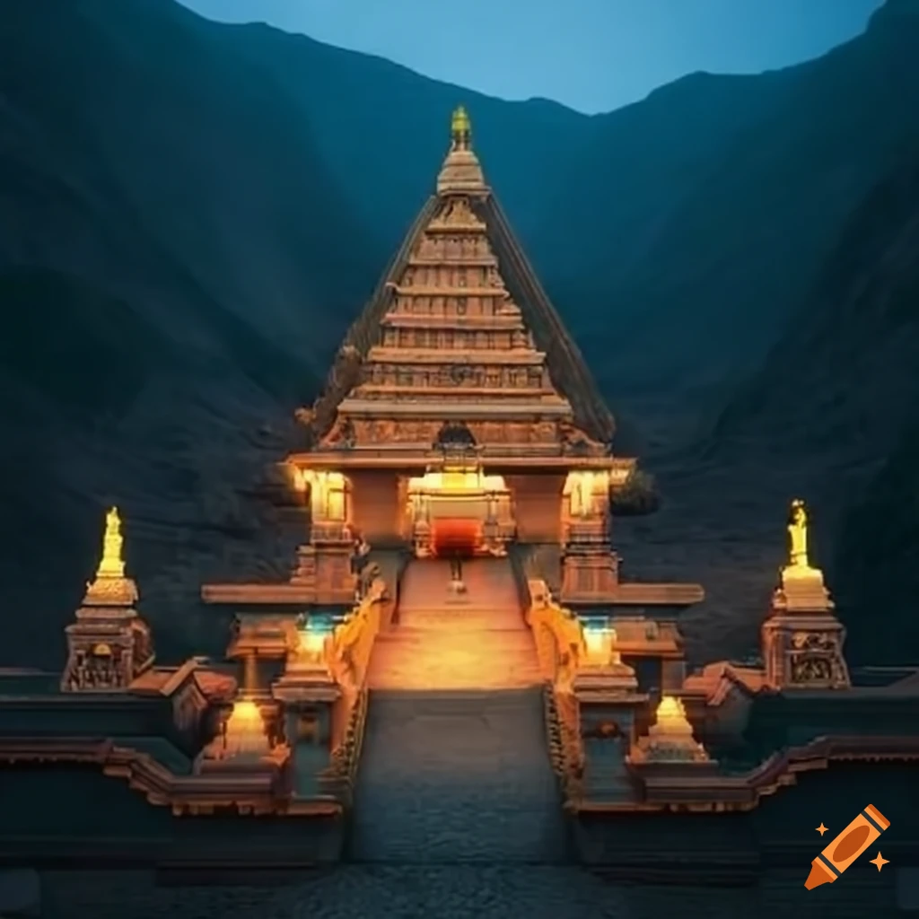 Temple in a beautiful mountain valley on Craiyon