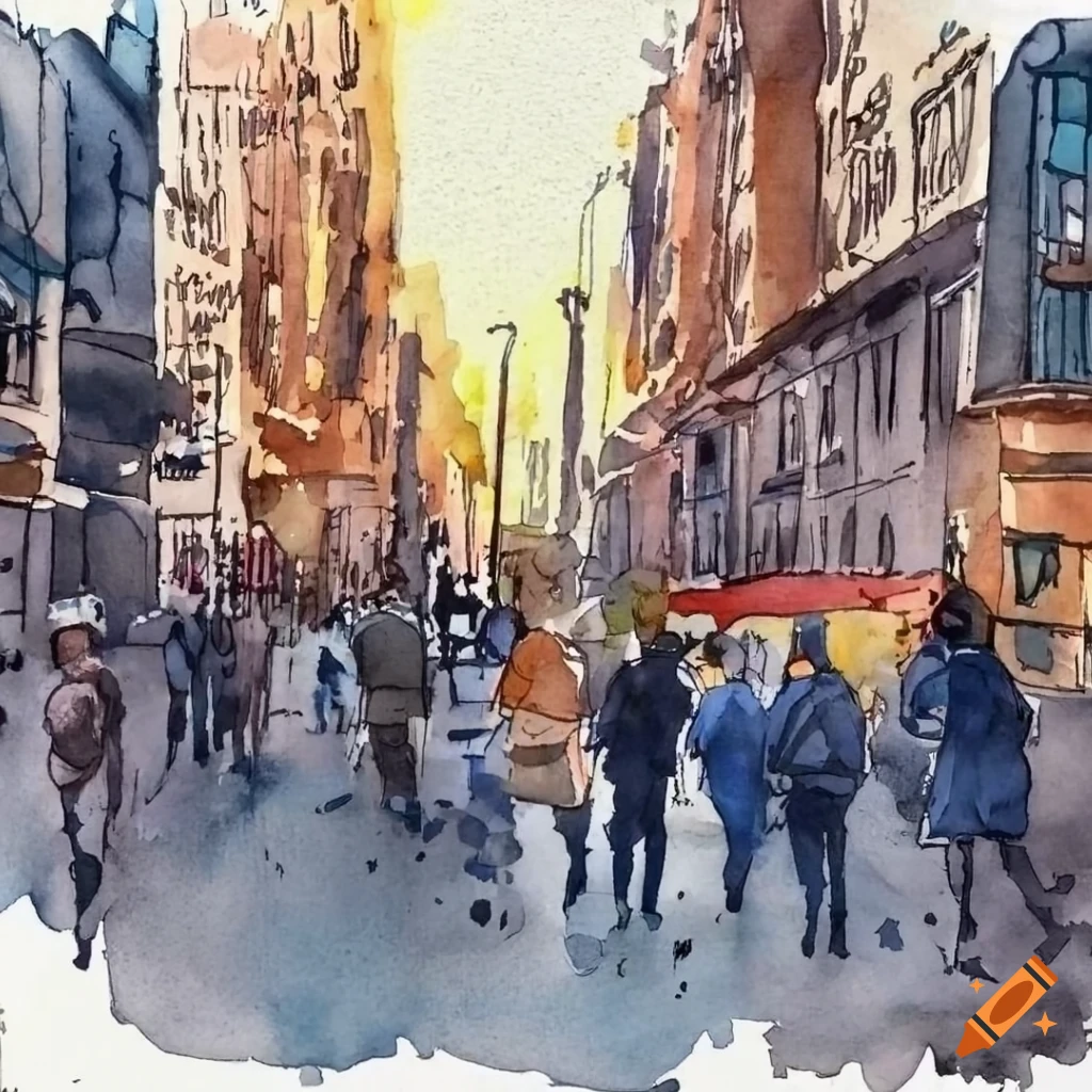 Watercolor painting of a busy city street on Craiyon