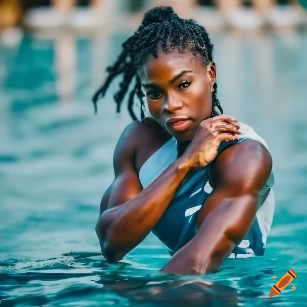Artistic portrait of a muscular African bodybuilder woman by the pool ...