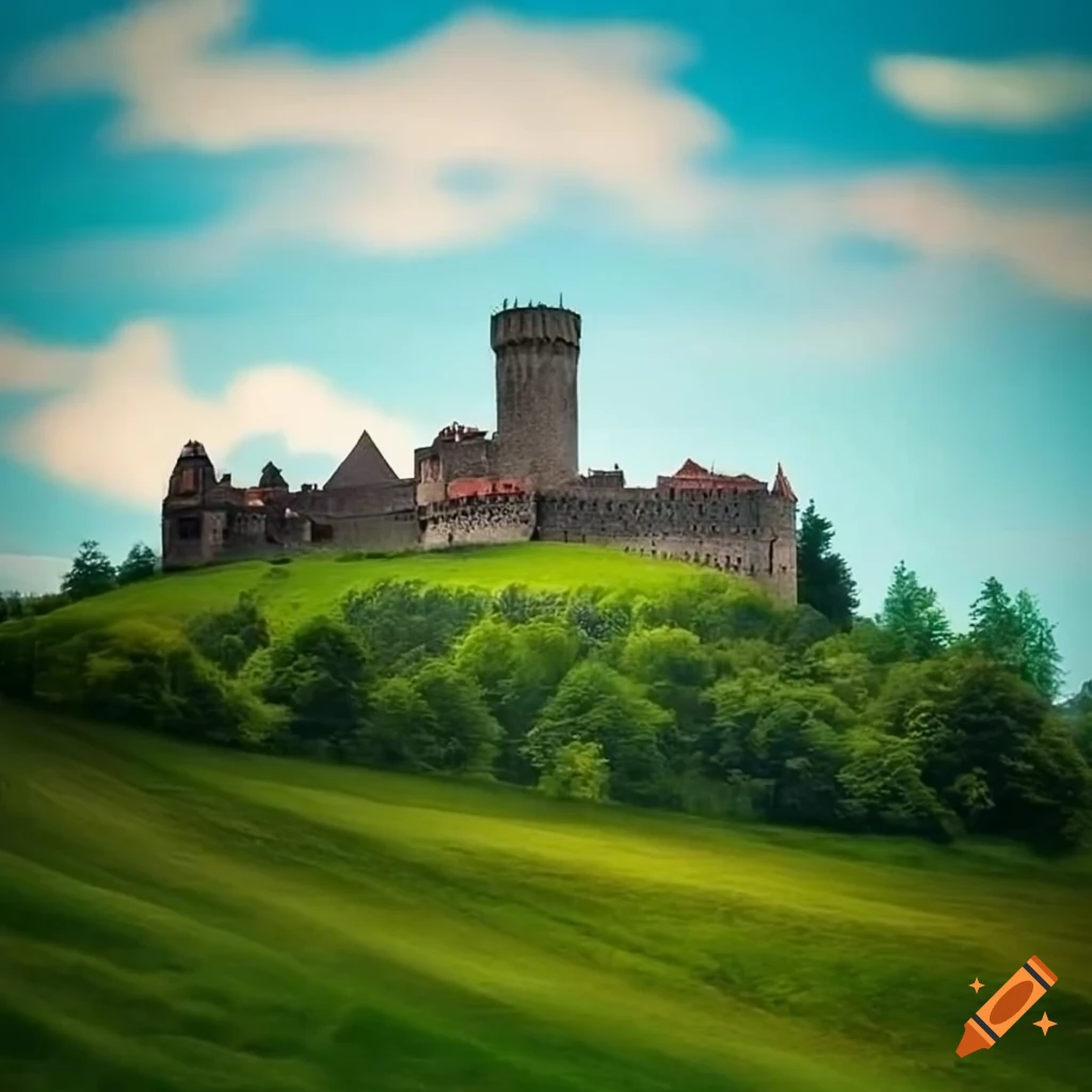 Small medieval castle in a picturesque landscape on Craiyon