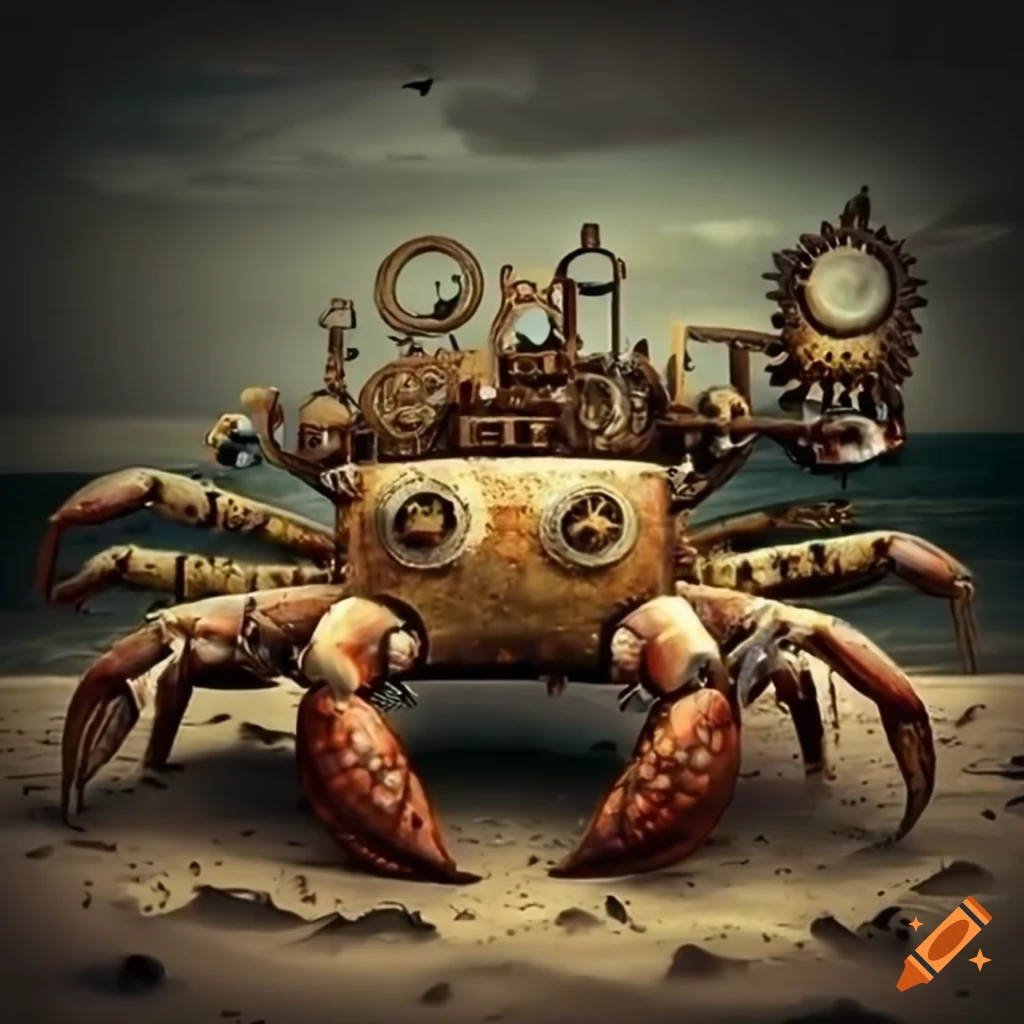 Steampunk crab-like machines with a television on the beach on Craiyon