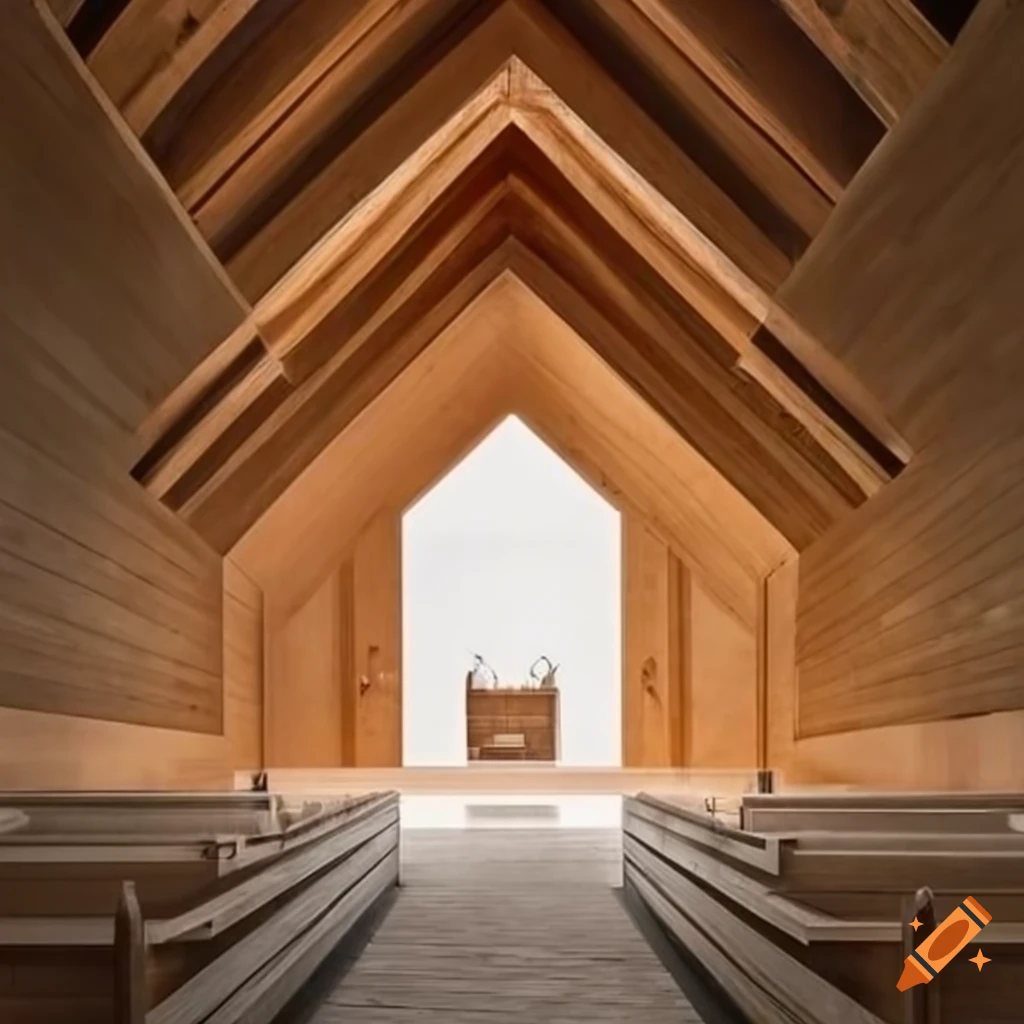 Interior of a contemporary concrete church with wooden roof