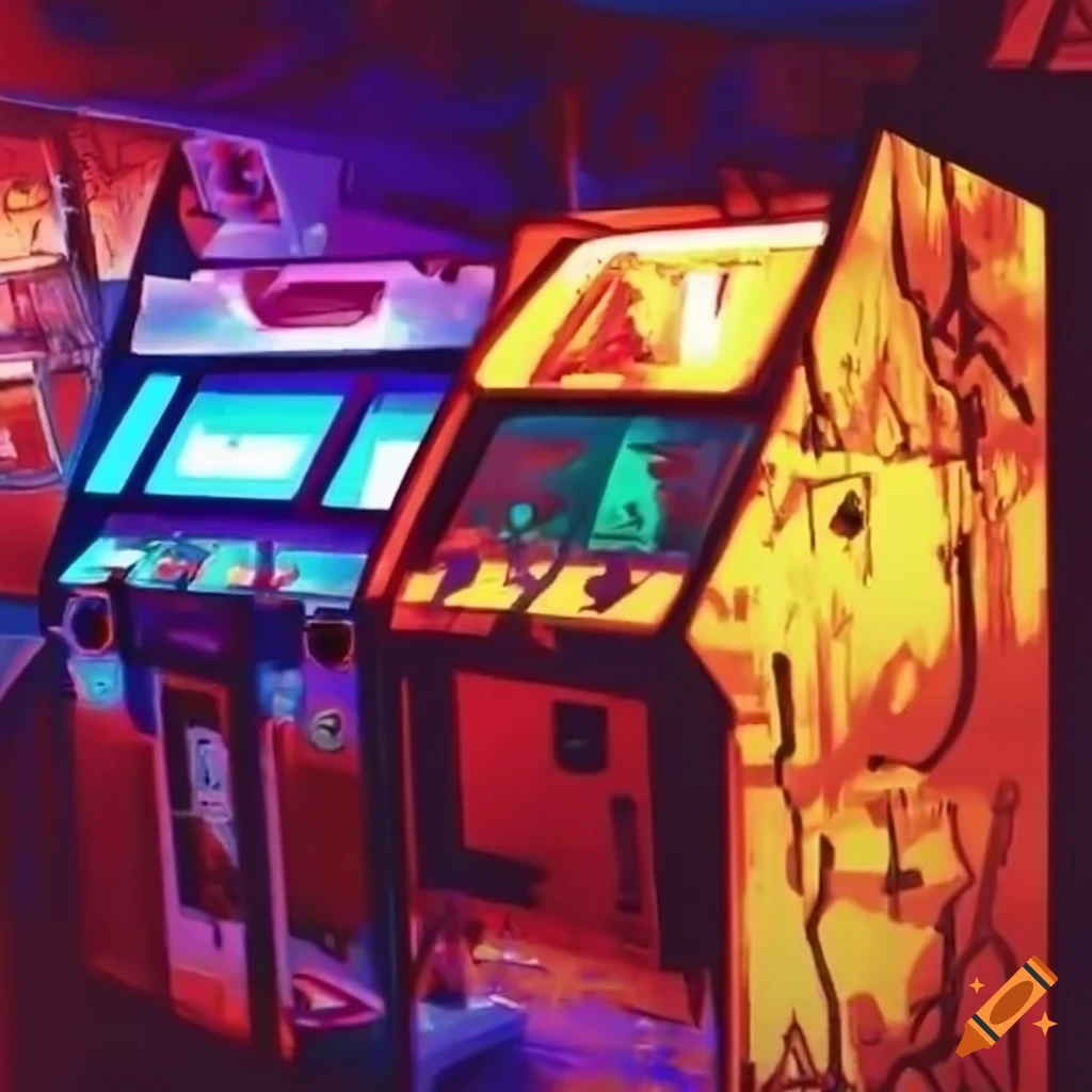 Illustration of early video arcades on Craiyon