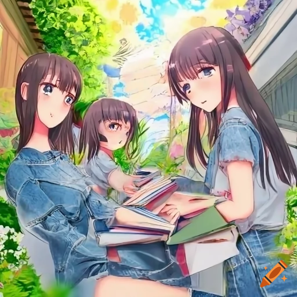 Anime girls studying together on a flower-filled terrace on Craiyon