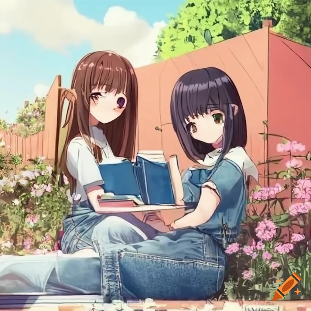 Anime girls studying together at a flower-filled terrace on Craiyon
