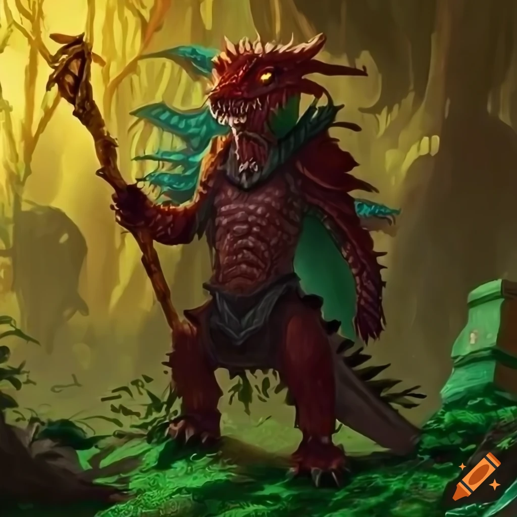 Epic fantasy forest artwork with a druid chaman kobold humanoid on Craiyon