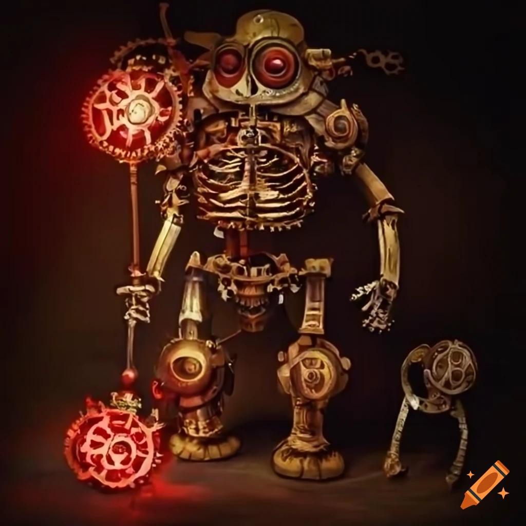 Steampunk skeleton robot with red eyes on Craiyon