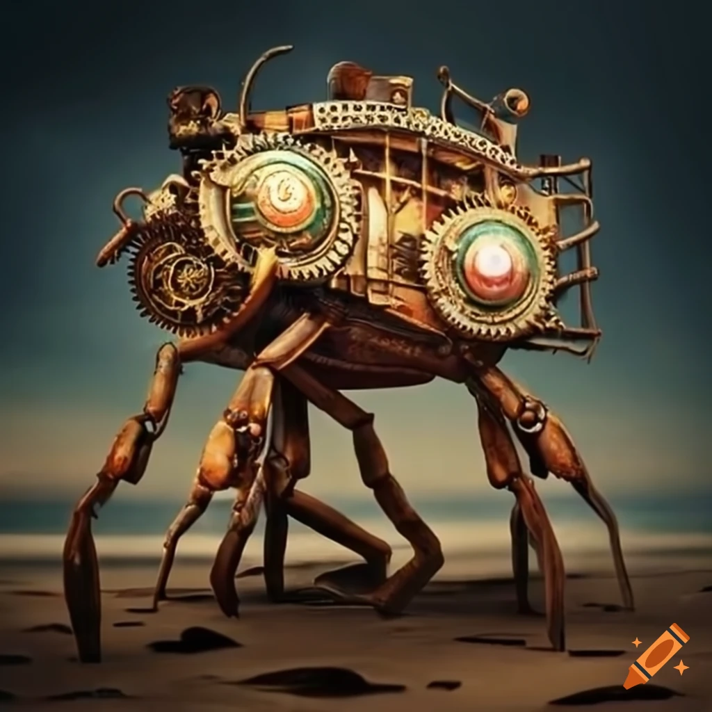 Intricate mechanical robotic creature of cog wheels and gemstones on ...