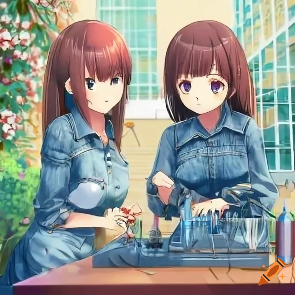 Anime girls in denim outfits discussing science on a rainy terrace on ...