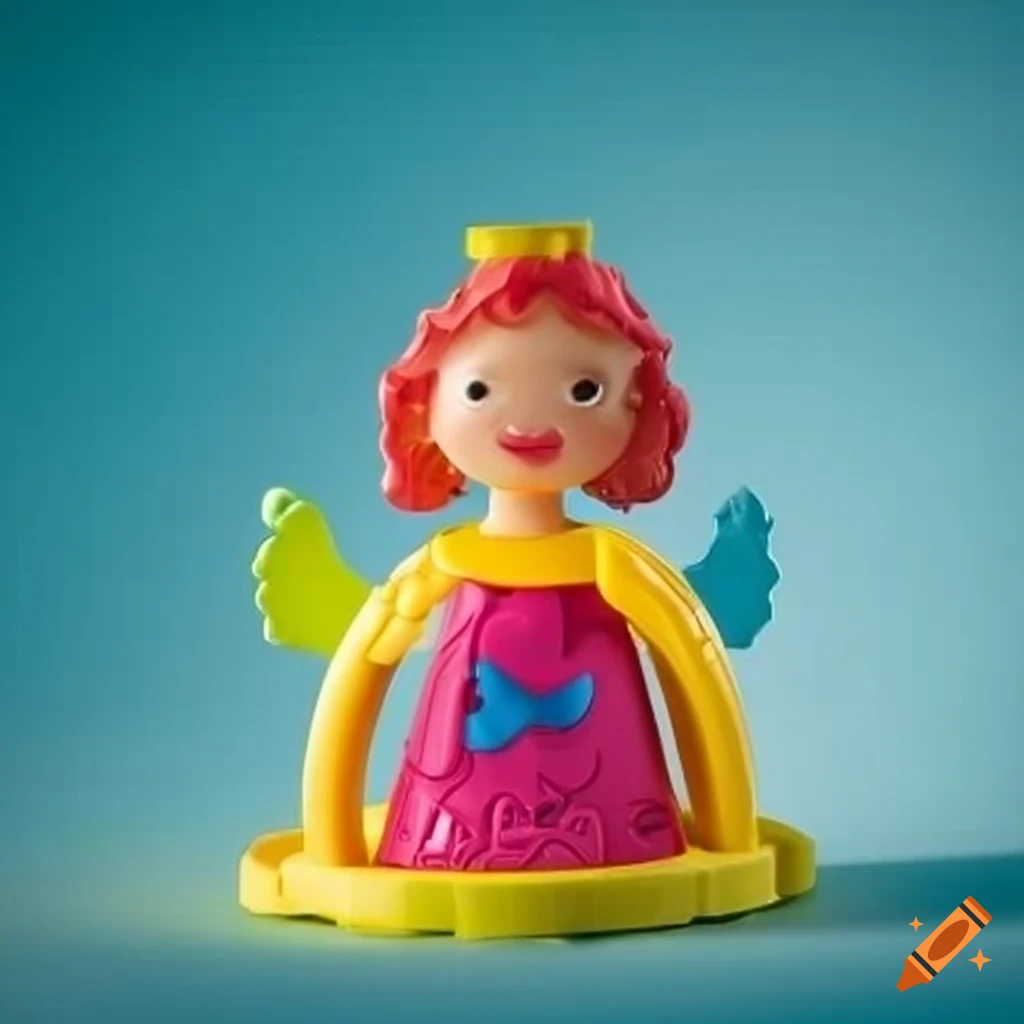 Colorful fisher price angel toy with a medieval castle in the background
