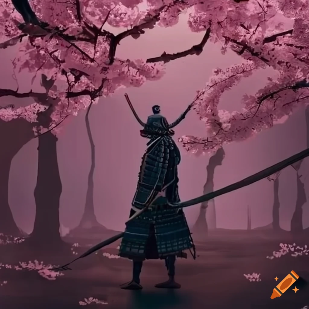 Image of a samurai under a blooming sakura tree