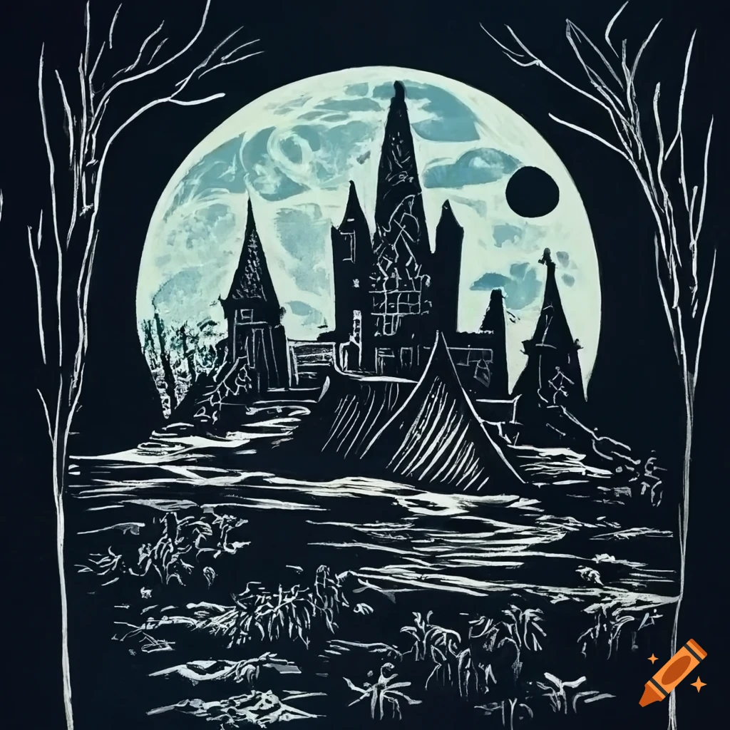 Linocut art of a castle under a moonlit forest