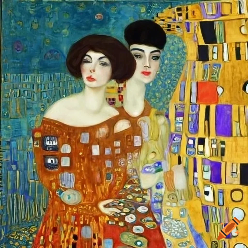 Klimt-inspired portrait of two women and a man on Craiyon