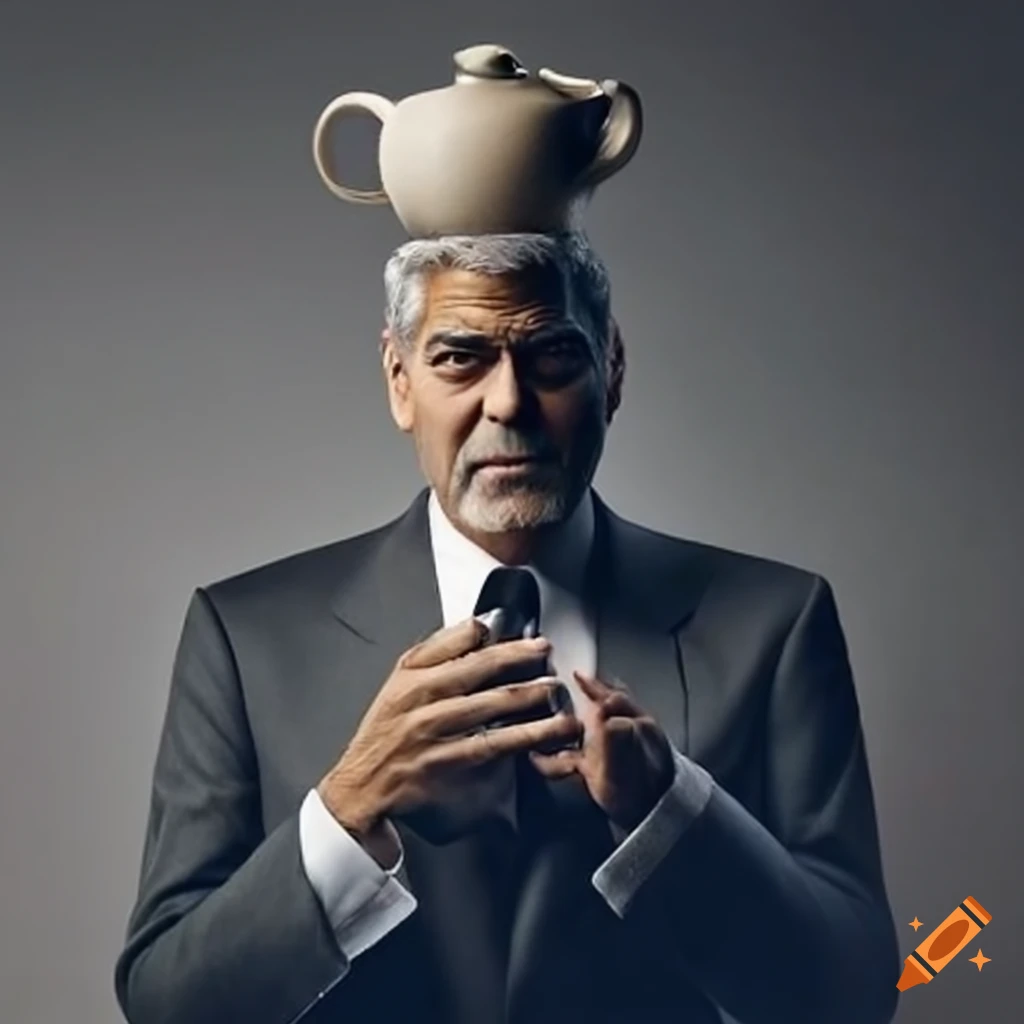 Humorous image of george clooney with a teapot on his head on Craiyon