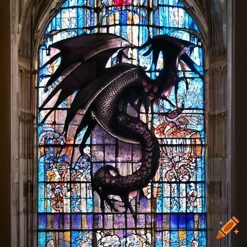 Stained glass window with black dragon design on Craiyon