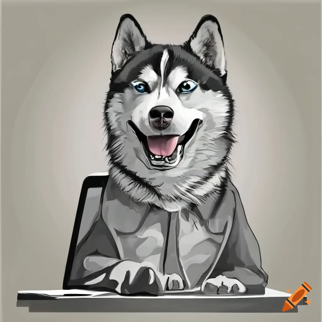 A husky wearing a business suit in an office on Craiyon