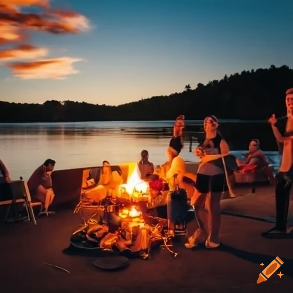 Sunset barbecue party by the lake on Craiyon