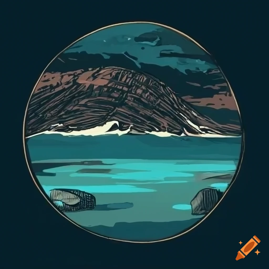 Beautiful beach bay in a circular anime style drawing on Craiyon