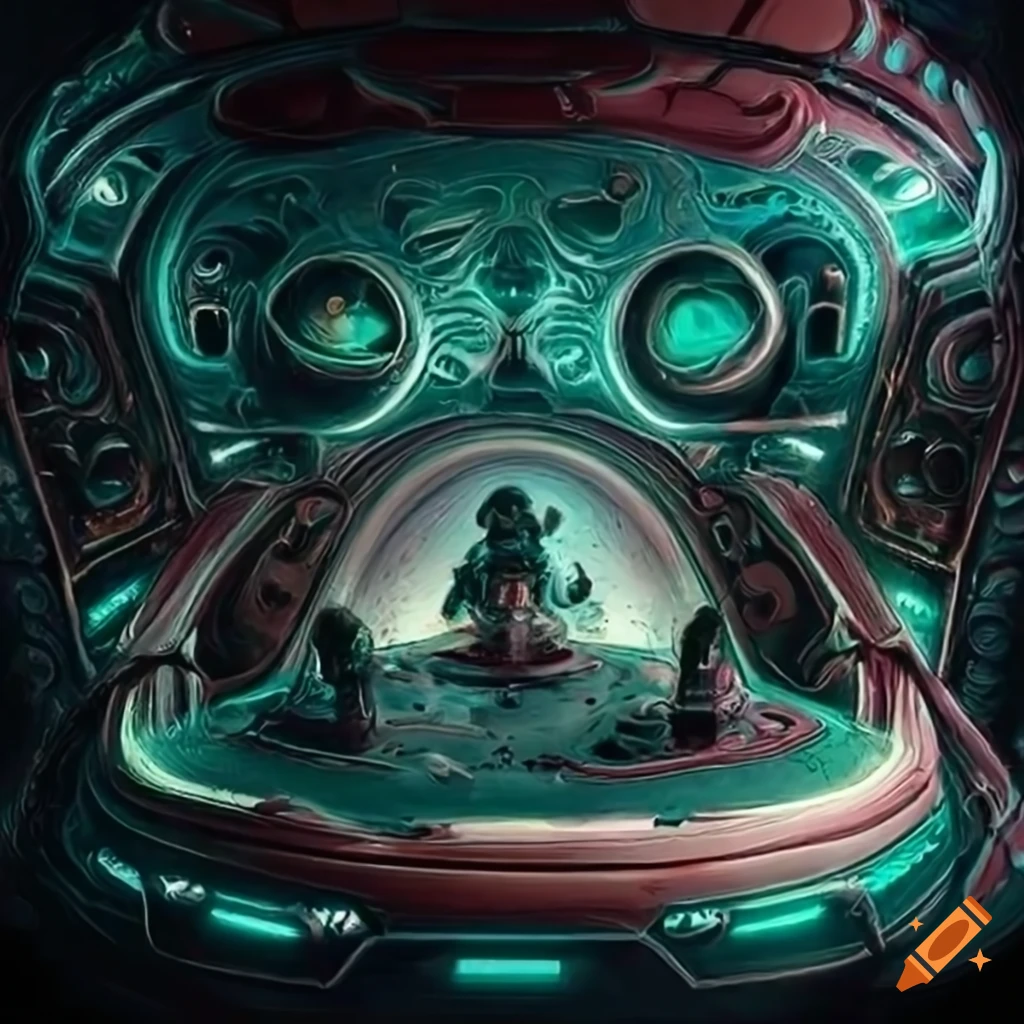 Surrealist top-down view of the inside of an alien spaceship on Craiyon