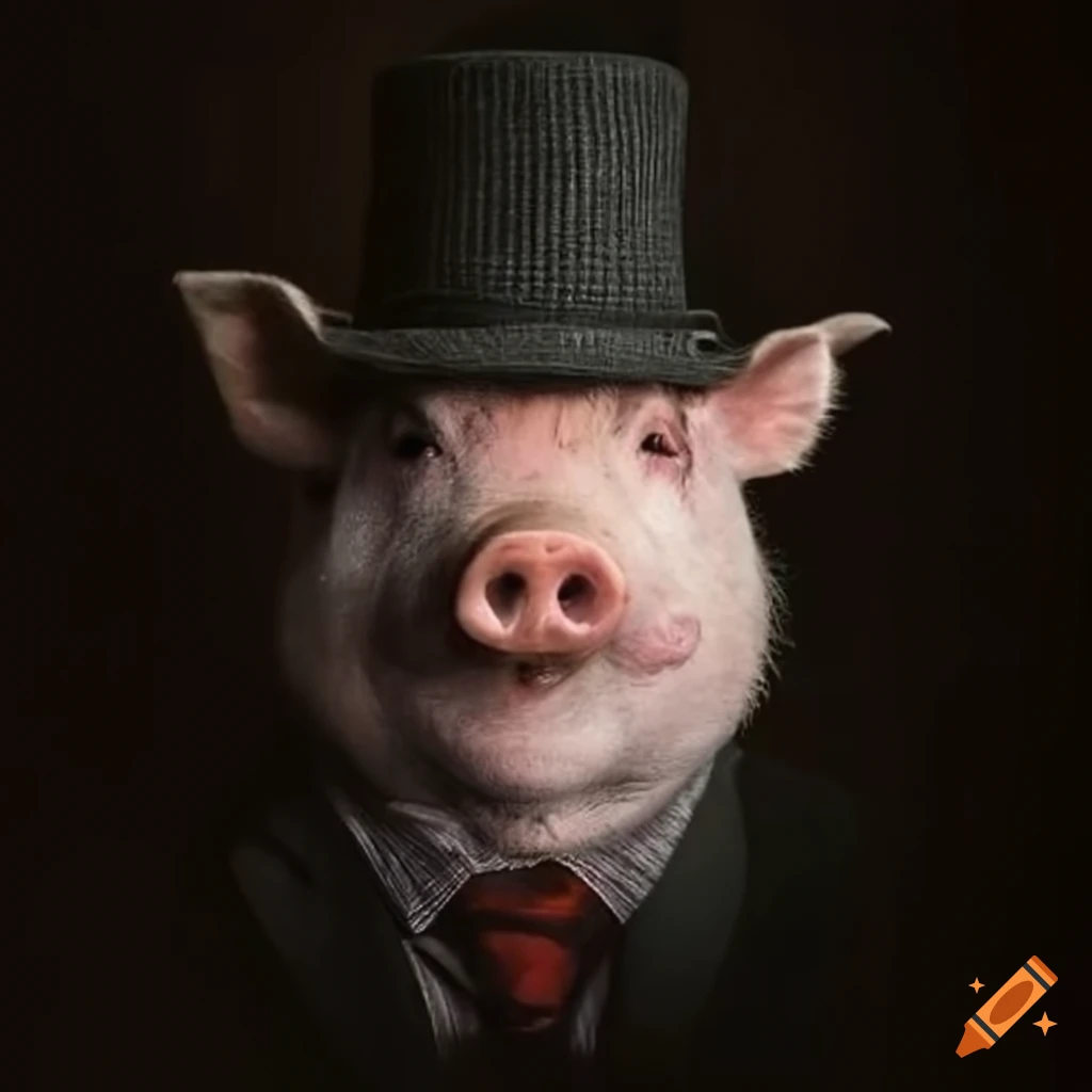 Artistic illustration of a pig wearing a suit and hat on Craiyon