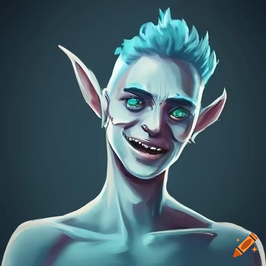 Painting of a mischievous male sea-elf with blue skin and a shaved head ...