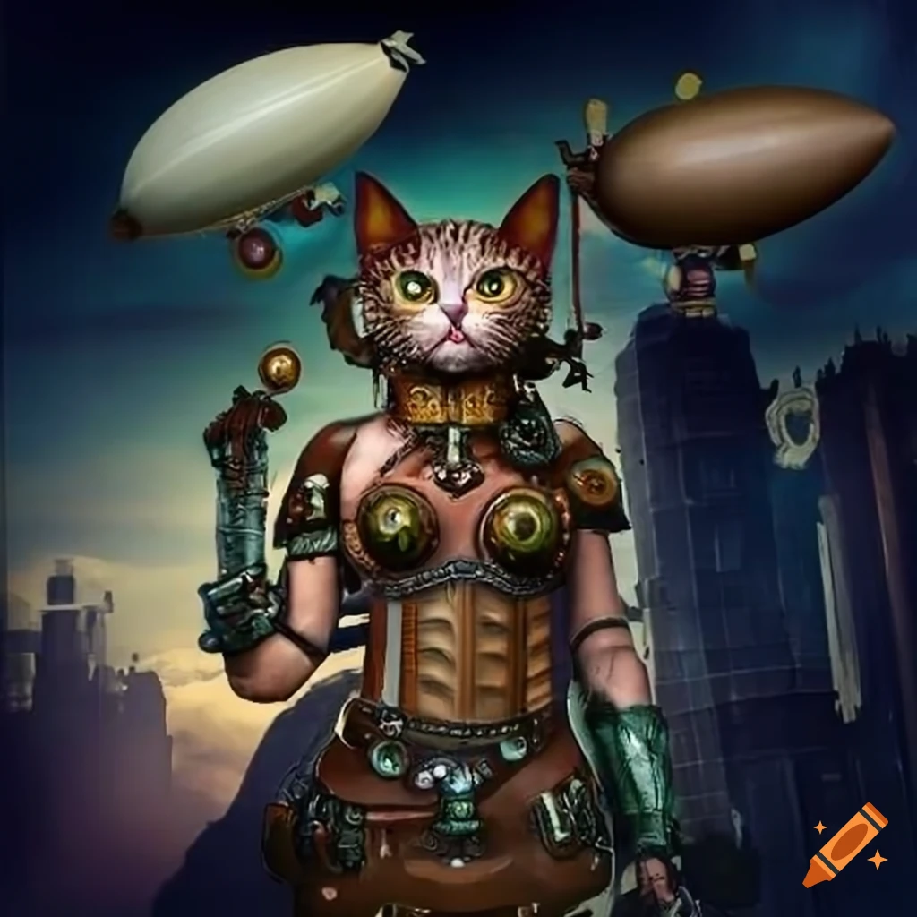Steampunk cyborg cat adventurer artwork on Craiyon