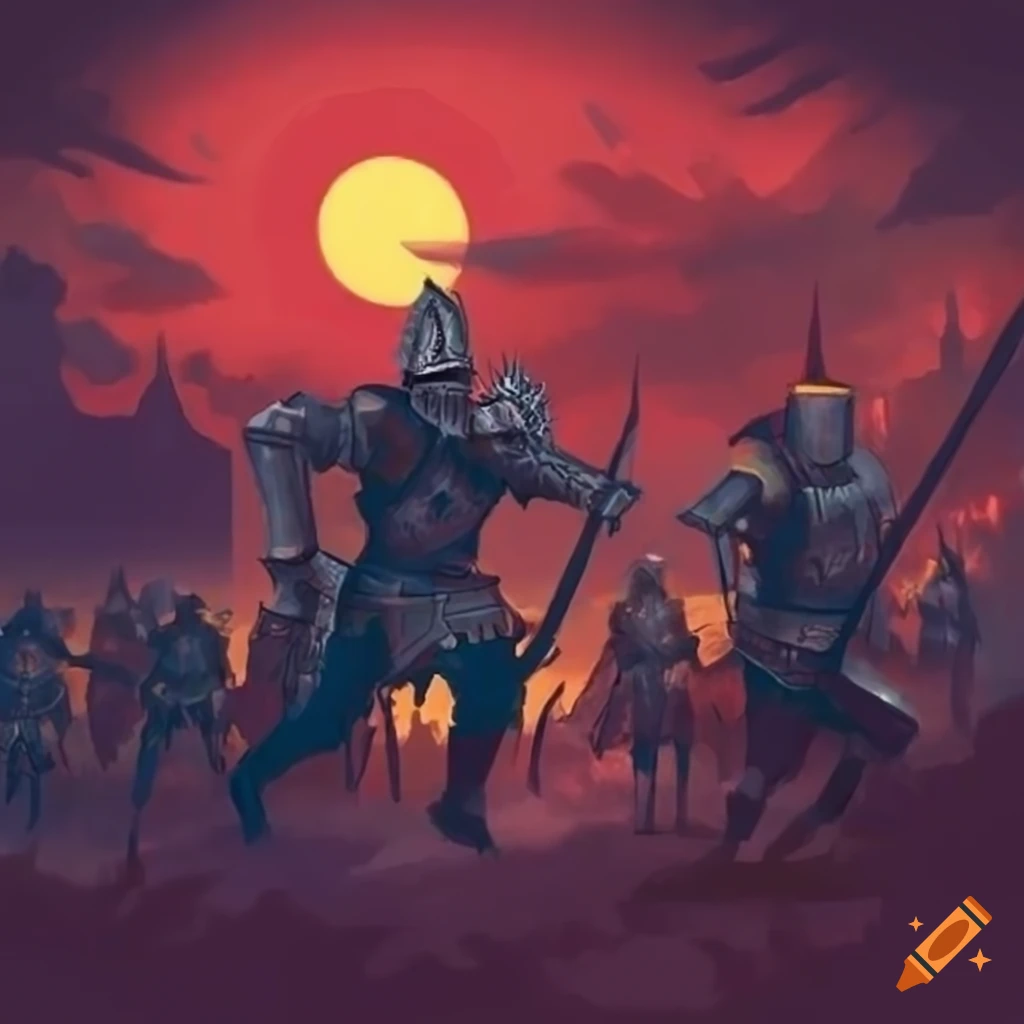 Illustration of red knights entering a sunny rural town on Craiyon