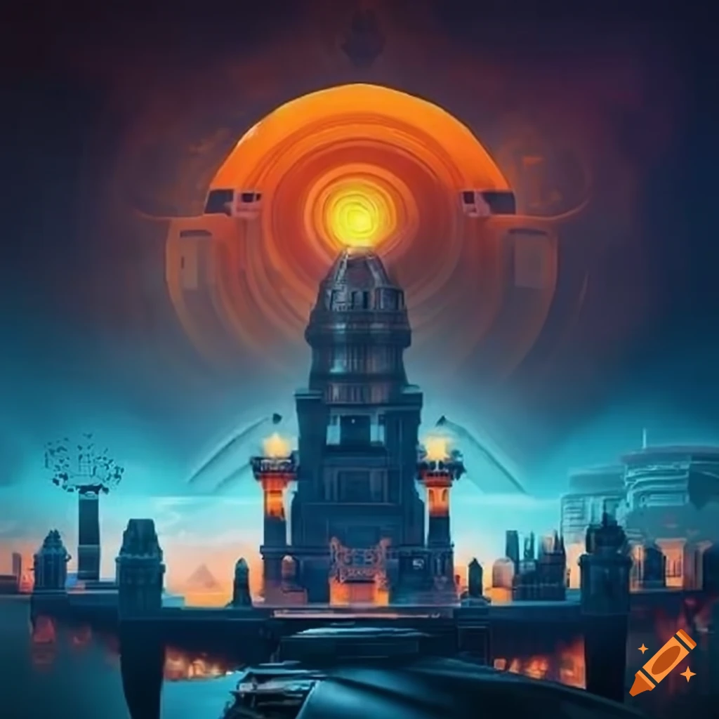 Sci-fi city with orange palace buildings