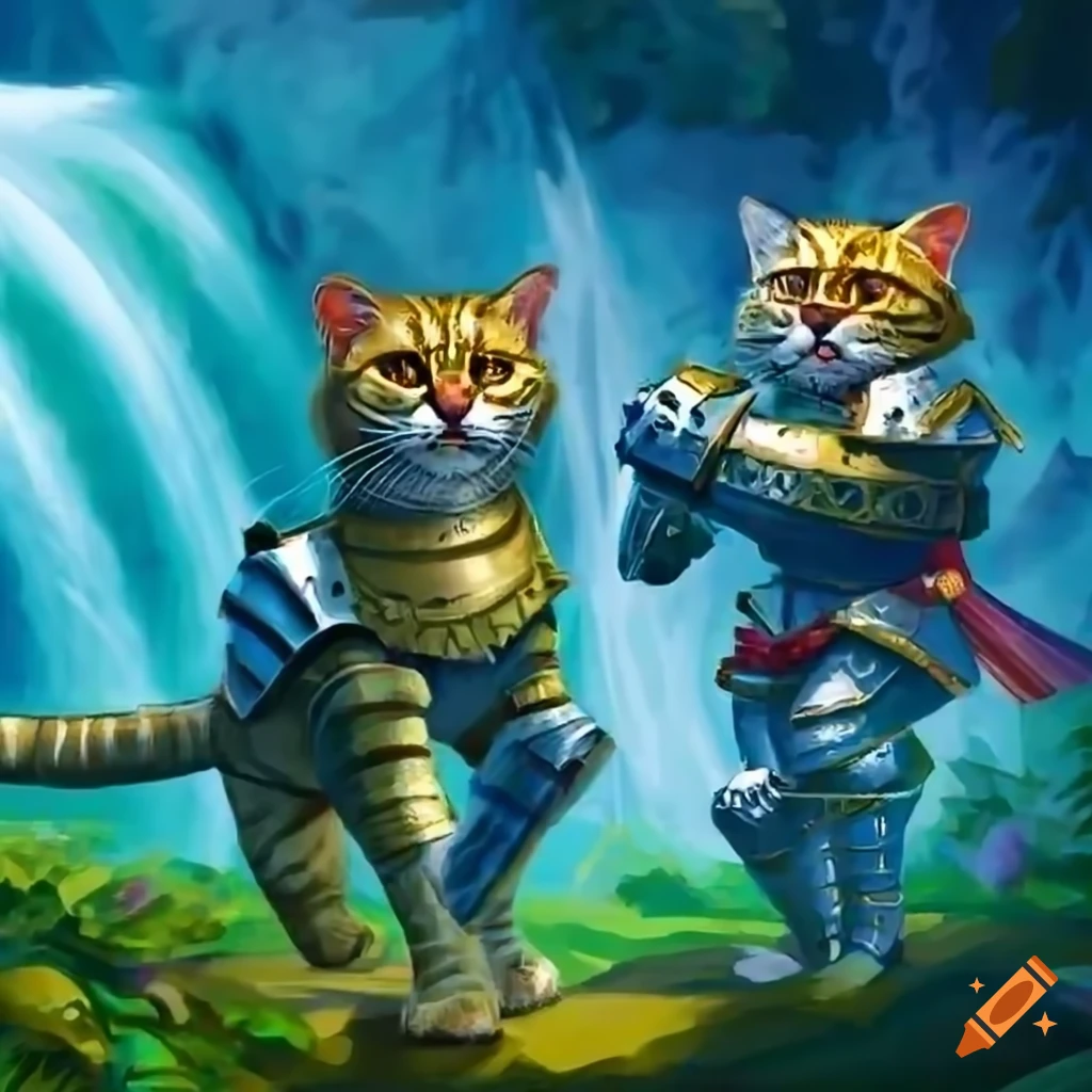 Cats in armor guarding a waterfall on Craiyon
