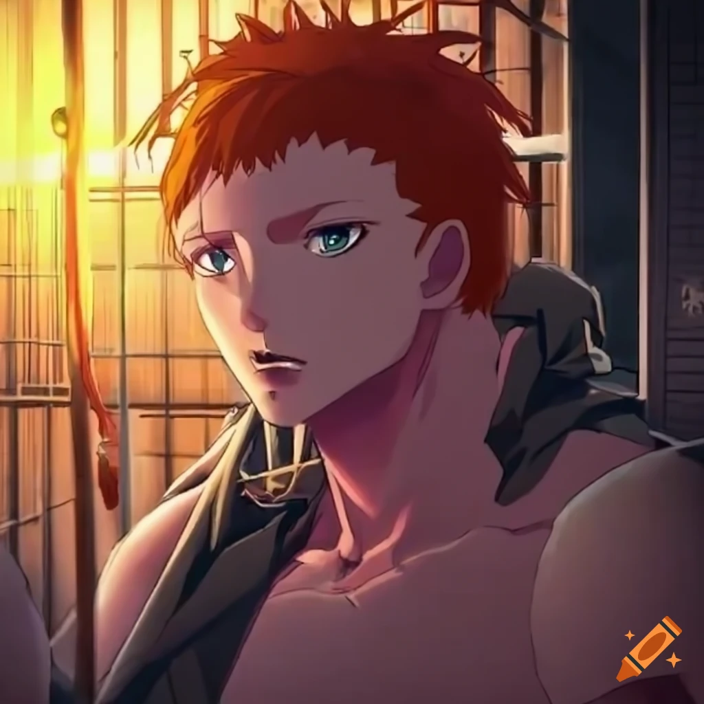 Ginger man warrior in an anime town