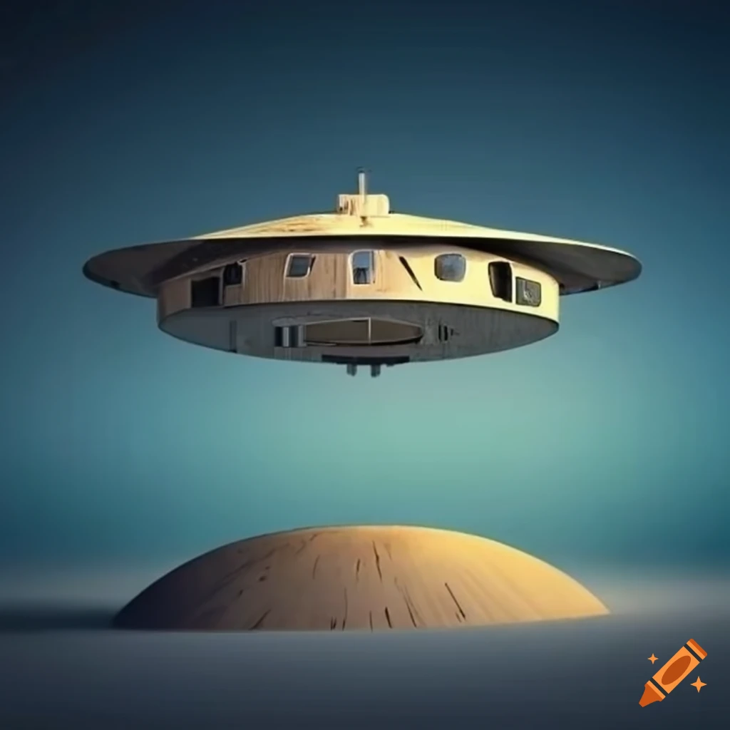 Detailed technical drawing of a plywood UFO with unique landing feet and antenna on Craiyon