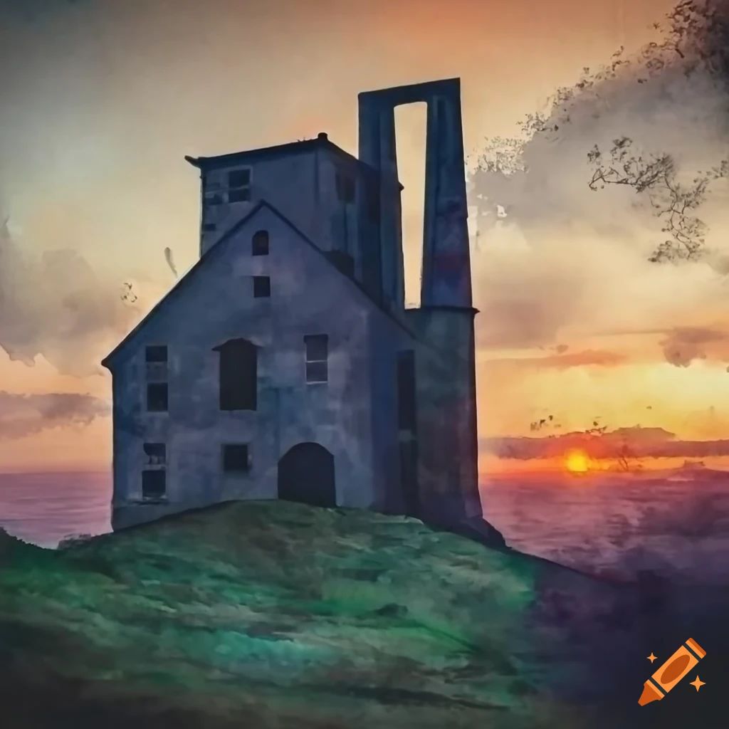 Sunset silhouette of a Cornish tin mine engine house on Craiyon