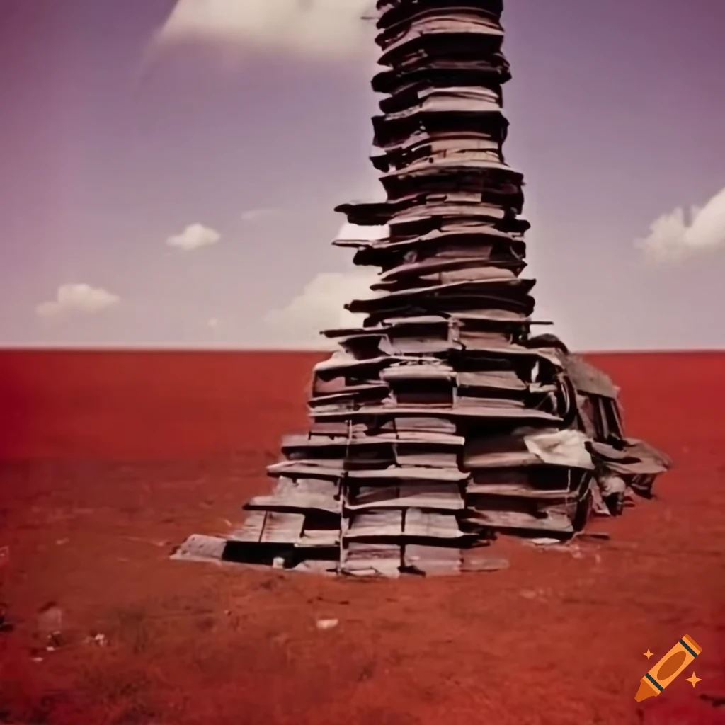Retrofuturistic scene of chairs piled high next to a crashed spaceship ...