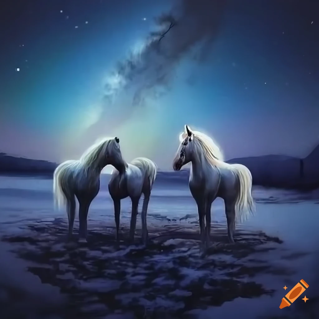 Painting of three white horses under a starry night sky on Craiyon