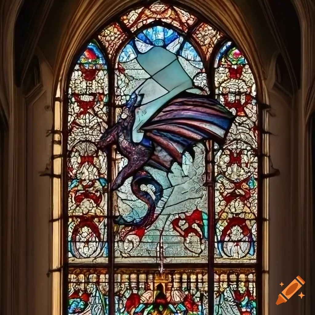 Stained glass window with a flying dragon on Craiyon