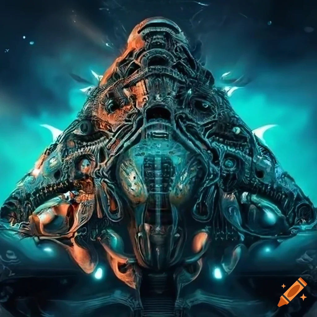 Surreal image of aliens and organic machines in a spaceship on Craiyon