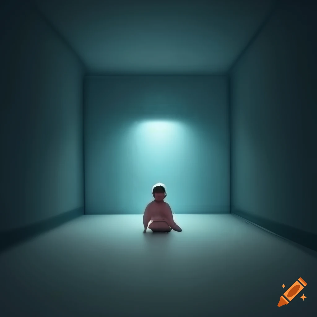 Render of a dimly lit empty room with a scared child on Craiyon