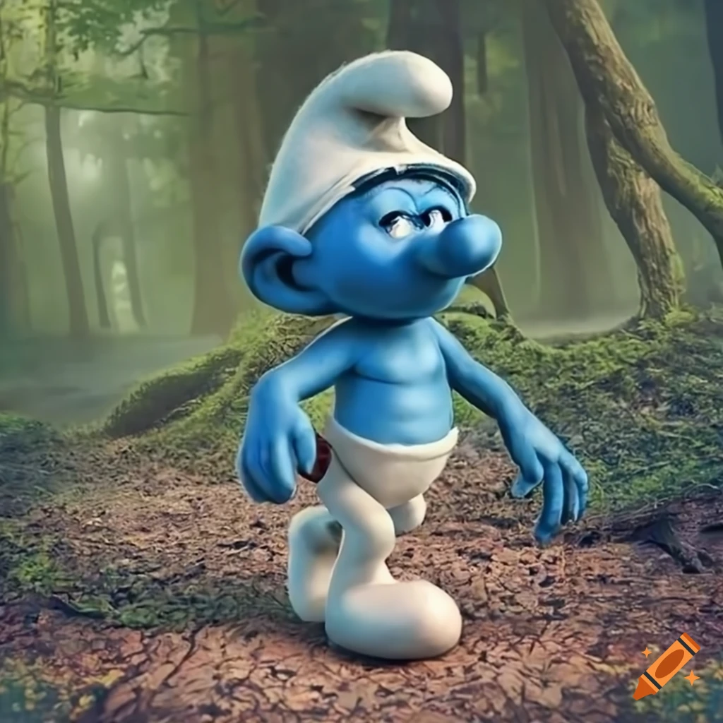 Image of a realistic smurf walking in the woods on Craiyon