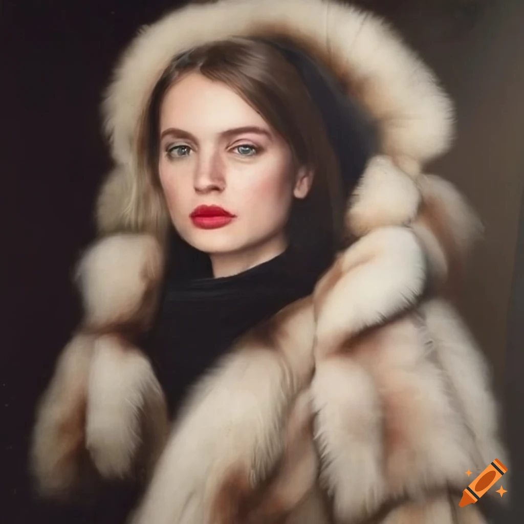 Young woman in elegant wolf-fur outfit with sleeves on Craiyon