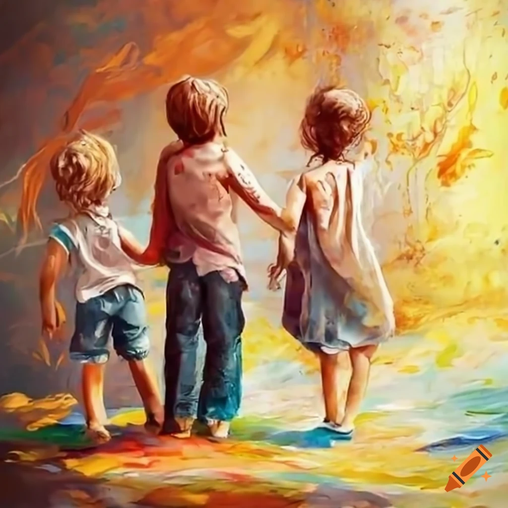 Oil painting of children playing with ducks near a lake on Craiyon