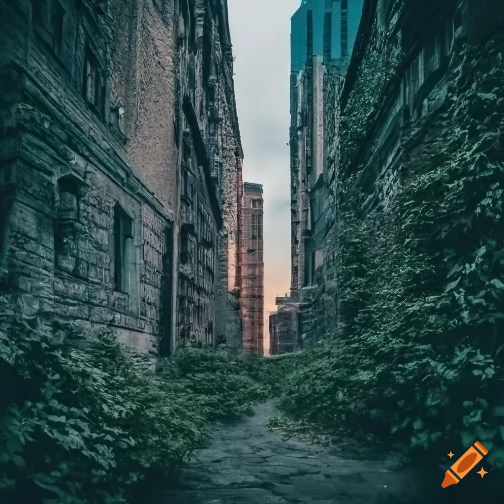 Overgrown ruins of a modern city on Craiyon